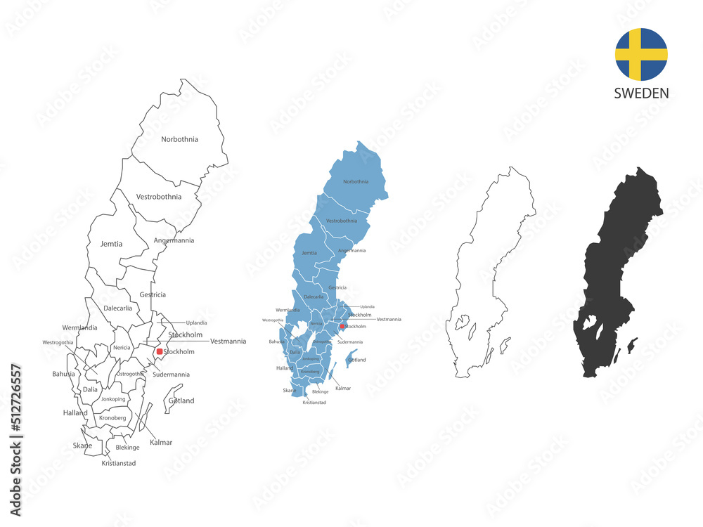 4 style of Sweden map vector illustration have all province and mark ...