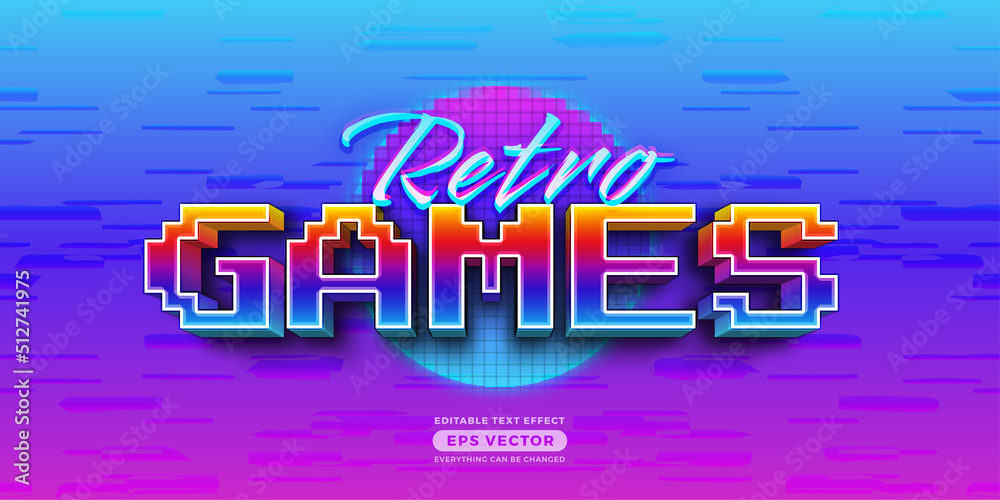 Retro Game Text Effect Style with vibrant theme realistic neon light ...