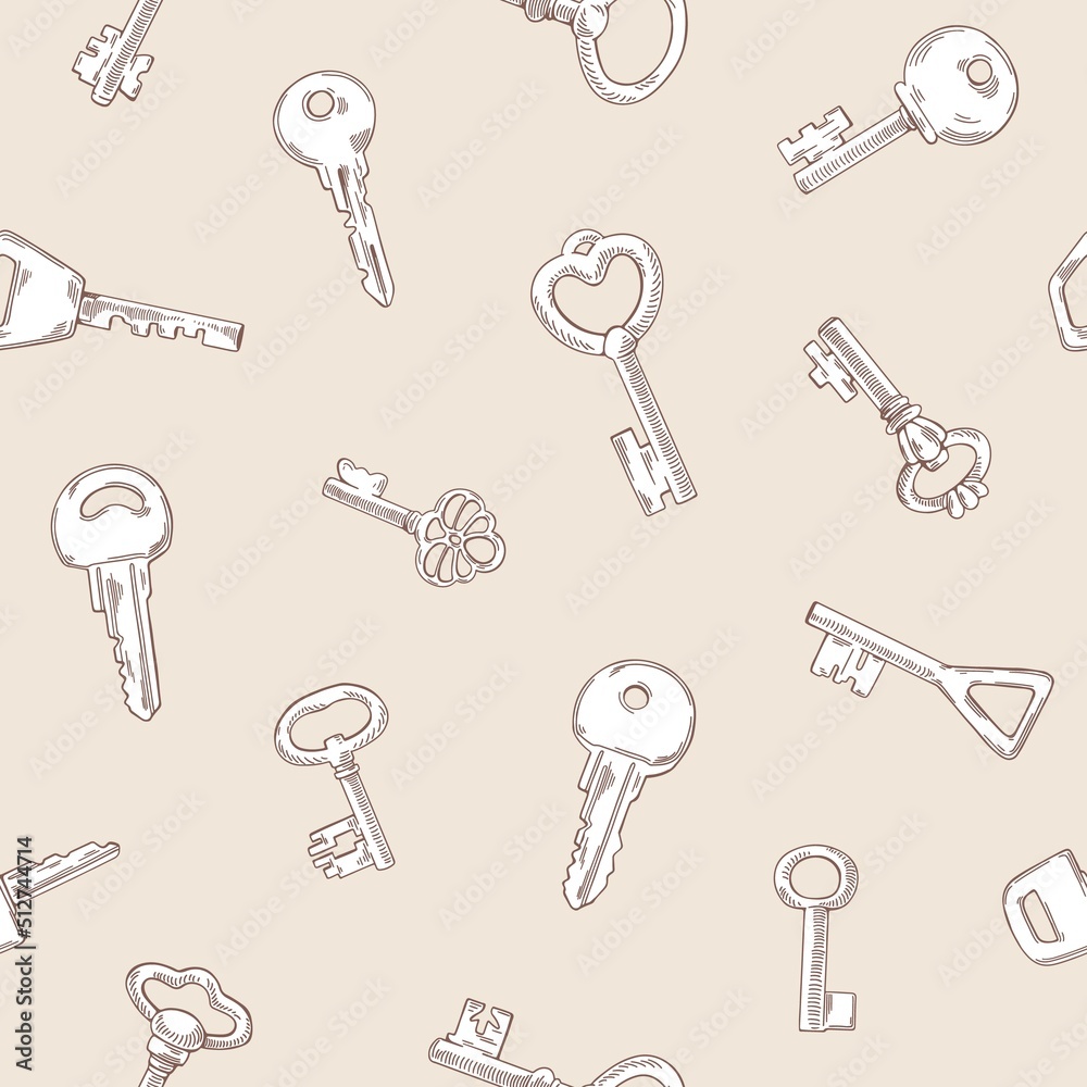 Seamless engraved pattern with old and modern door keys. Endless ...