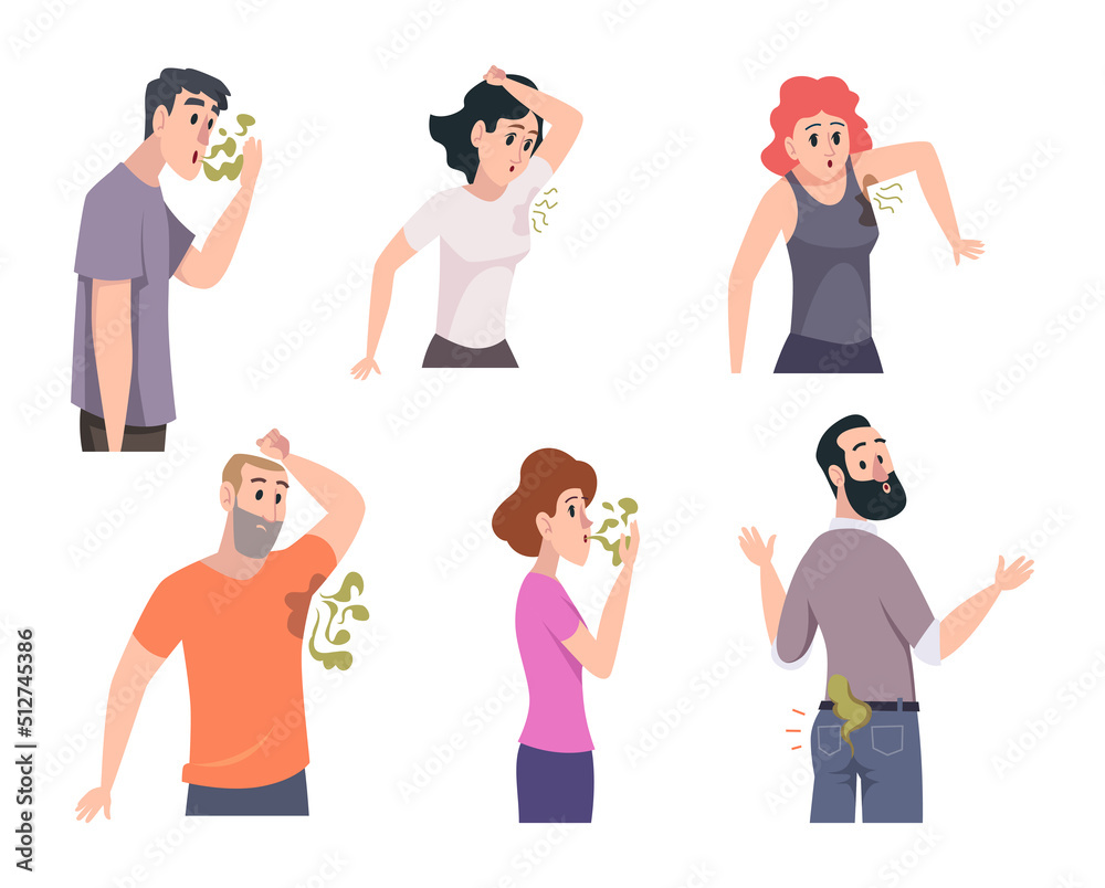 Bad smelly people. Sweat persons wet and disgusting characters exact ...