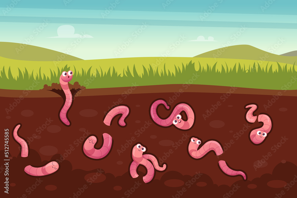 Worms in ground. Sliced view for a ground with creeping crawlers in ...
