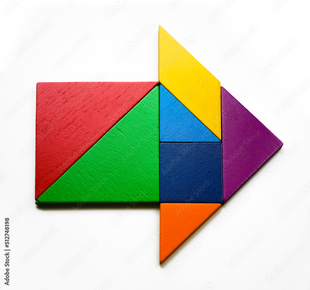 Color wood tangram puzzle in arrow or home shape. isolated on white ...