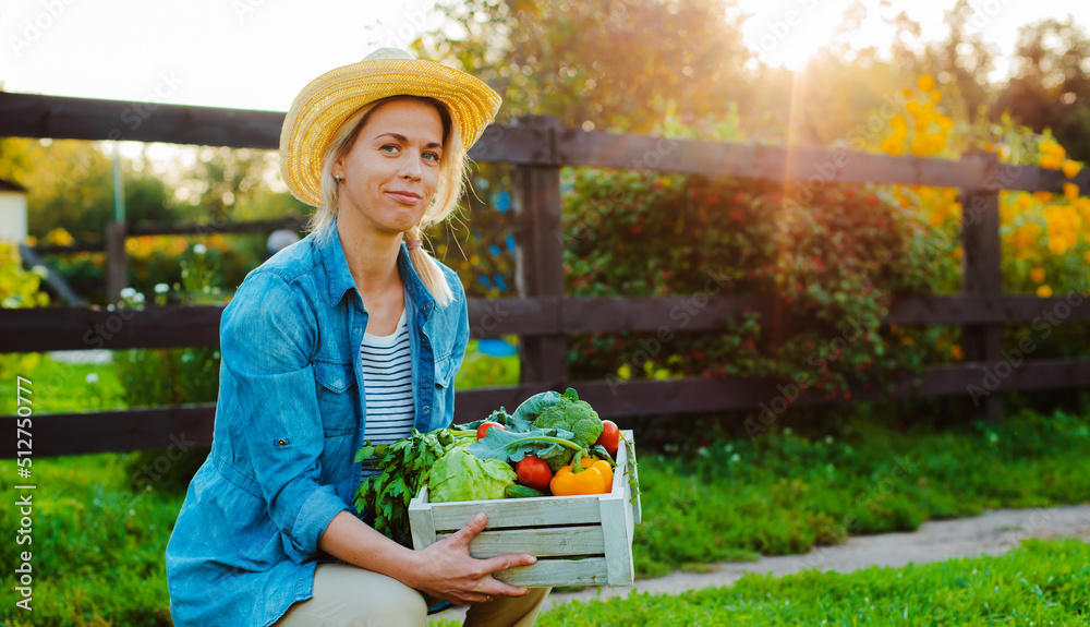 Young 30-35 years old beautiful Woman farmer in hat with box of fresh ...