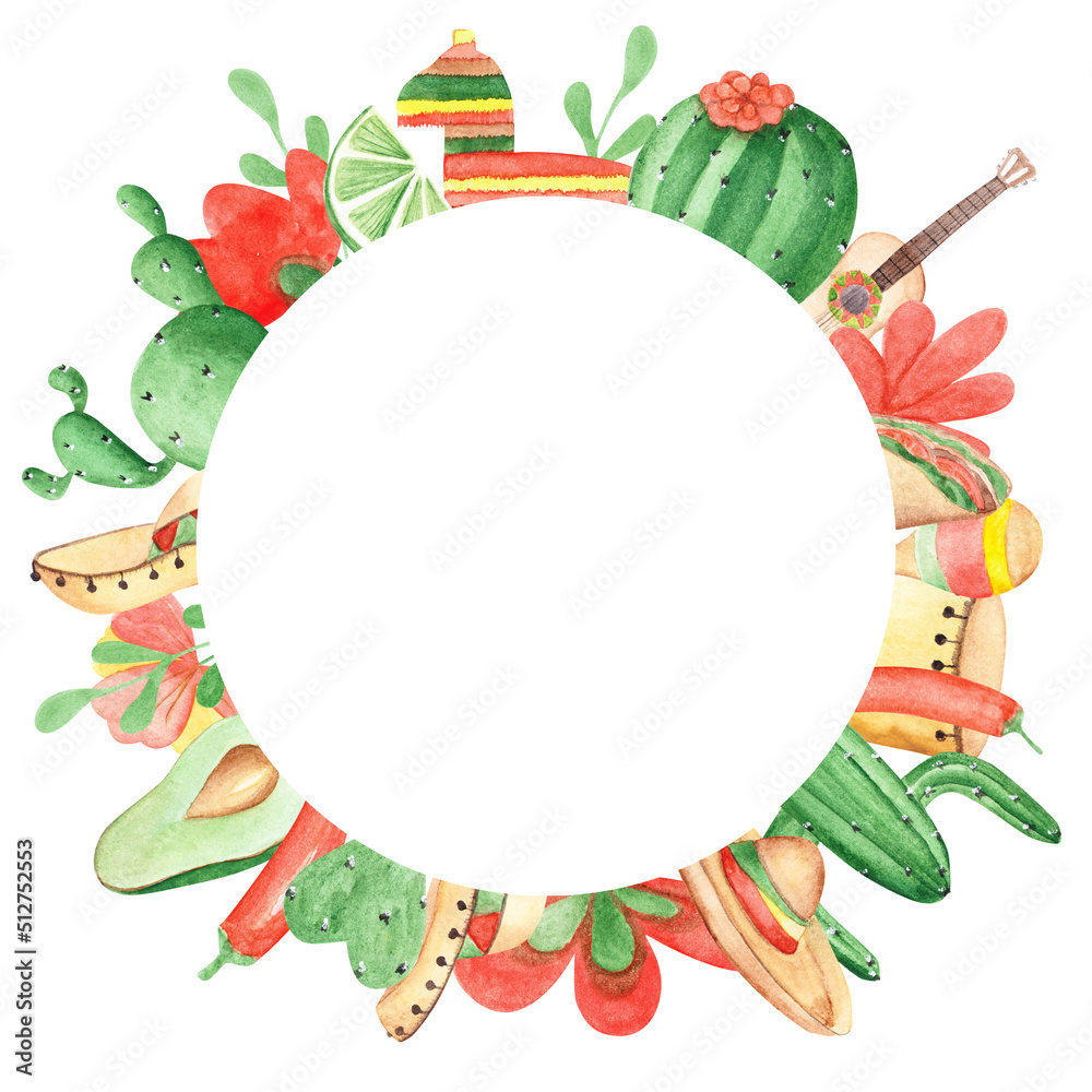 Fiesta frame isolated on a white background. Watercolor round template ...