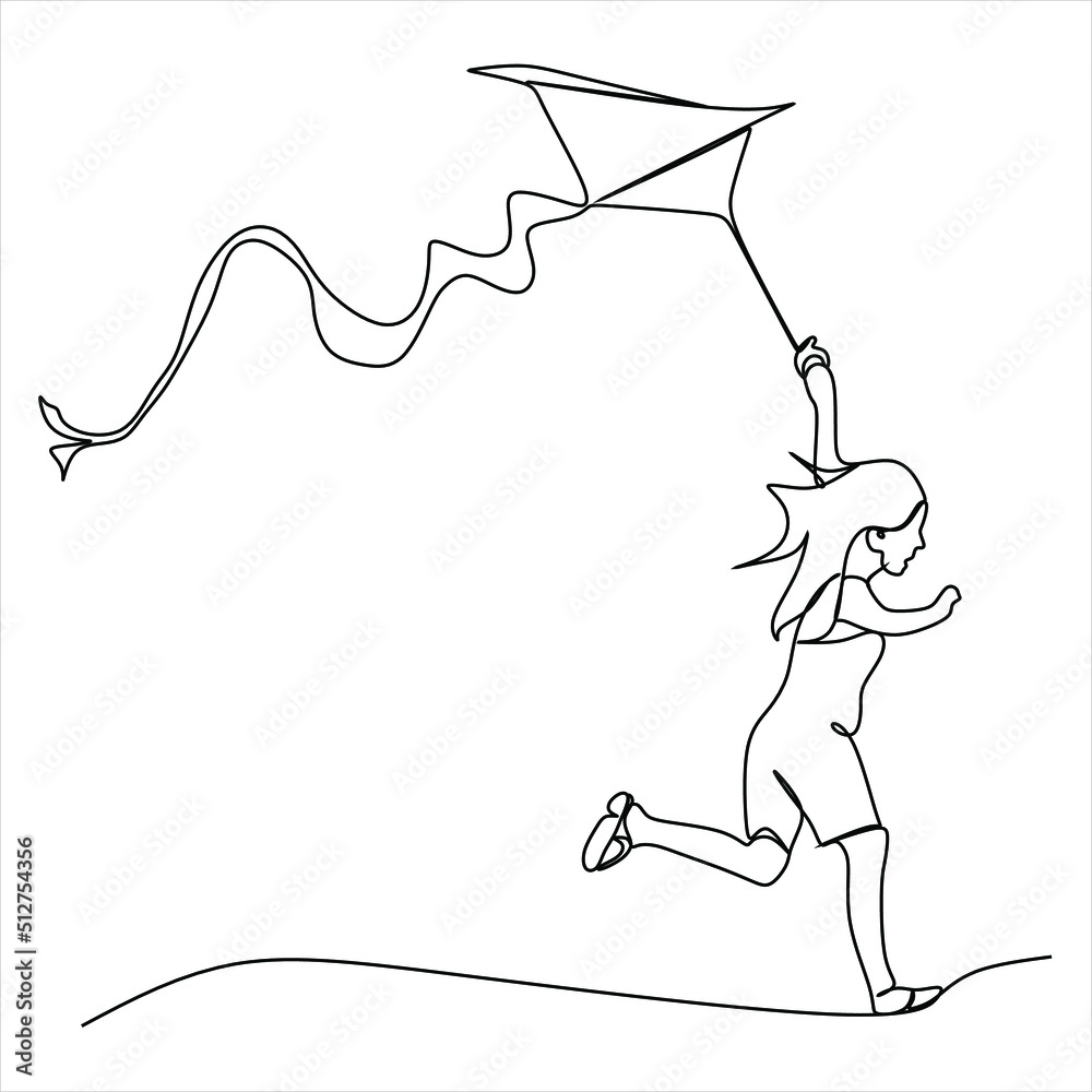 One single line drawing of happy young teenager girl playing to fly ...