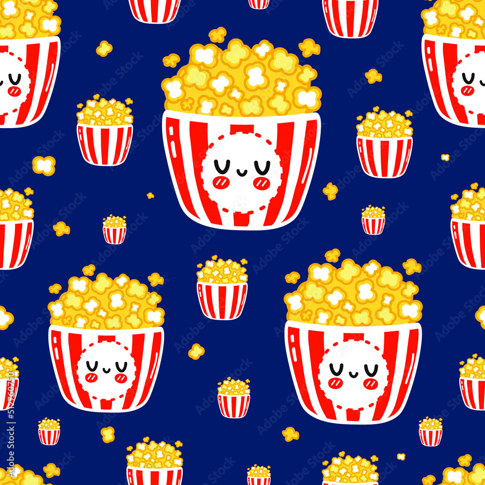 Funny cute happy popcorn seamless pattern characters. Vector kawaii ...