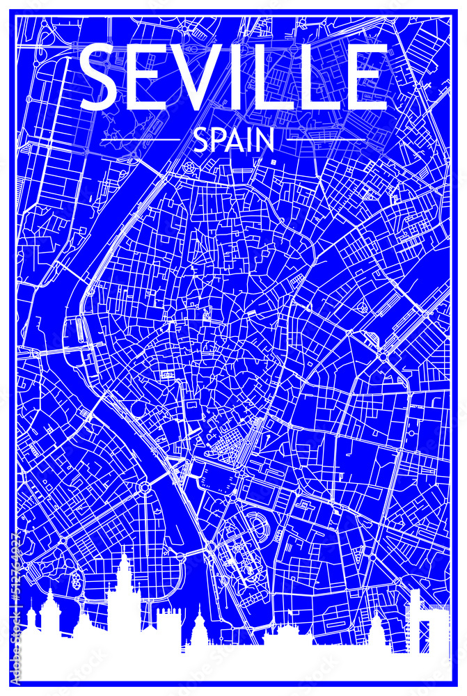 Technical drawing printout city poster with panoramic skyline and hand ...