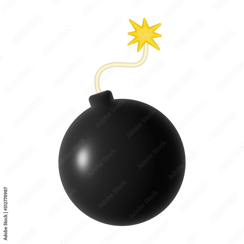 Bomb 3D black shape. Round bomb with burning wick. Illustration ...