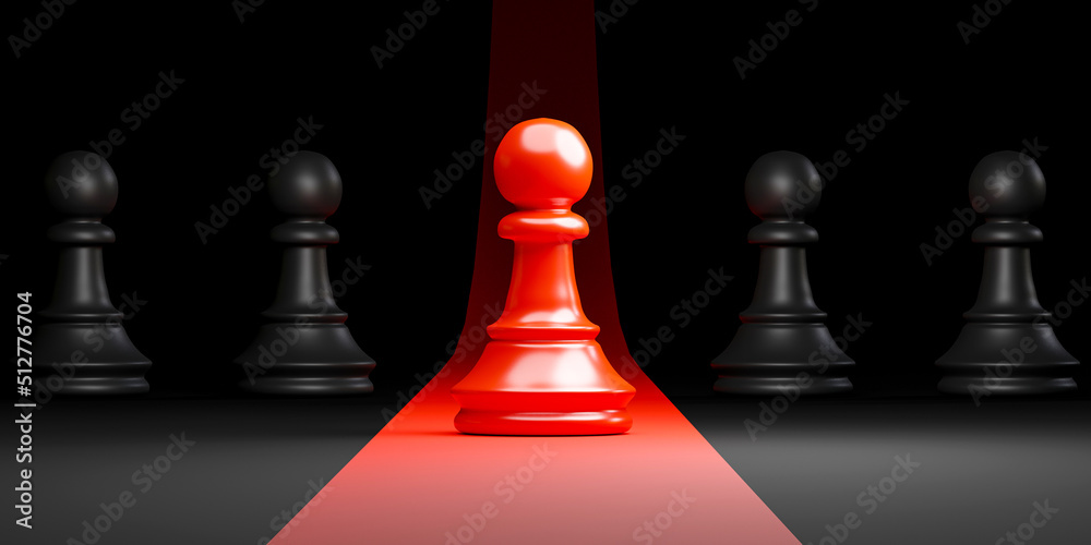 Red pawn chess stepped out of line to leading black chess and show ...