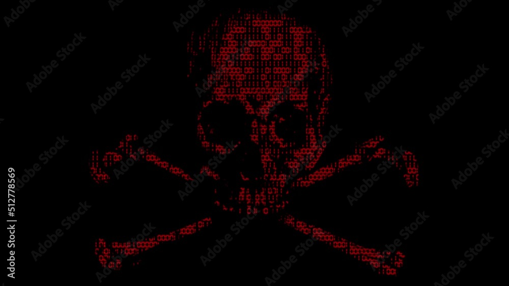 Alarming animated cyber hacking skull and cross bones symbol with animated binary code texture ...