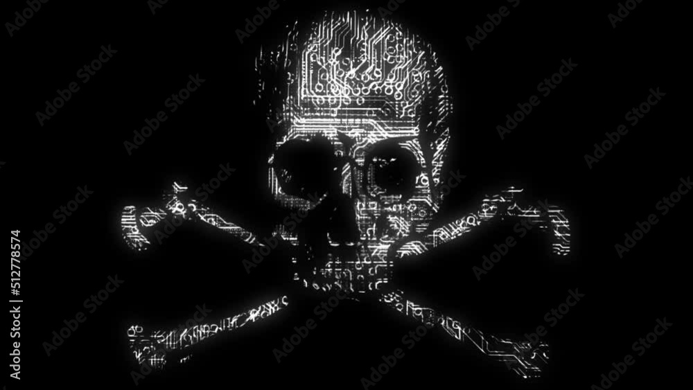 Alarming animated cyber hacking skull and cross bones symbol with ...