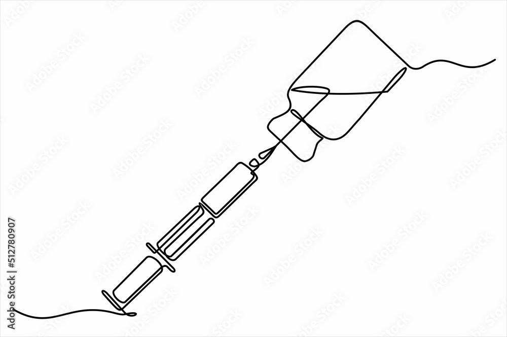 Continuous one line drawing of syringe with needle and vaccine tube ...