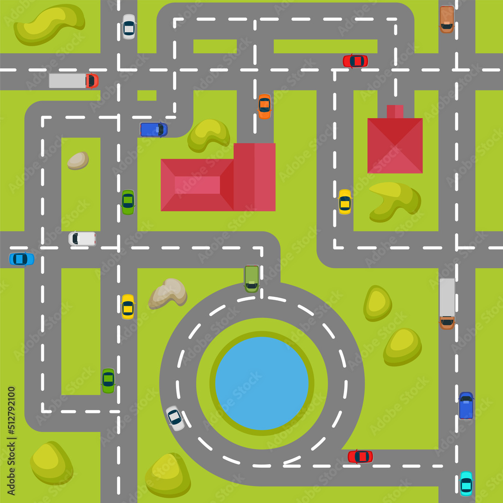 Top view of the Urban crossroads with cars. Map of roads with cars ...