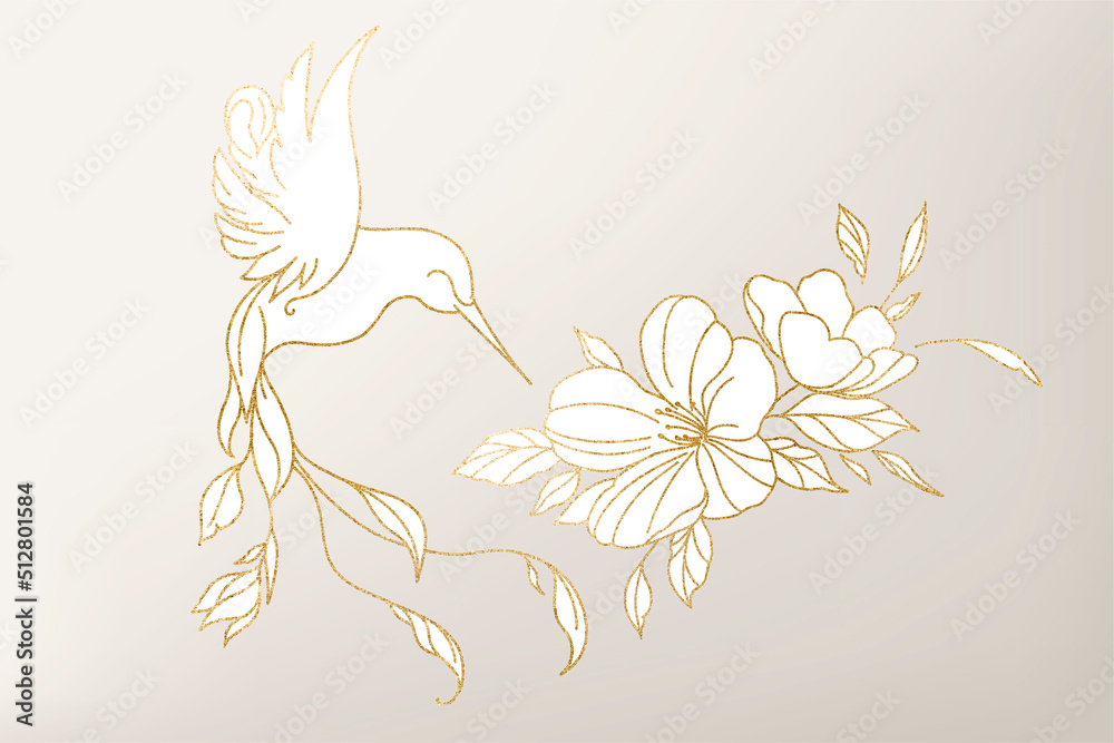 Golden illustration of a hummingbird over a flower. For wedding salons ...