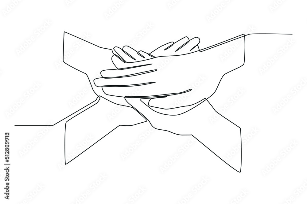 Continuous one line drawing putting their hands together. Stack of ...