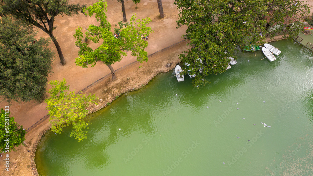 Aerial view of the small lake in Villa Borghese park. This pond is ...
