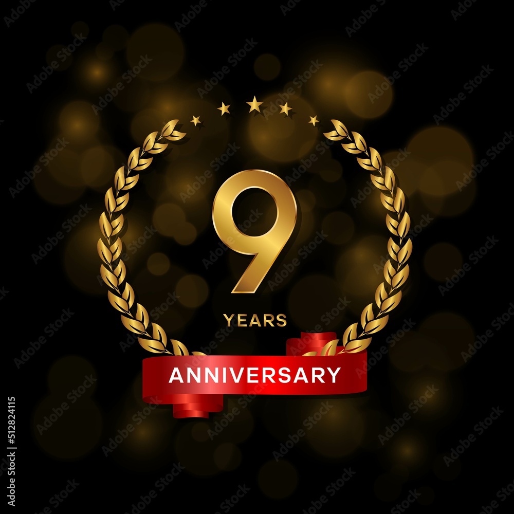 9 years anniversary logo with golden laurel and red ribbon for booklet ...
