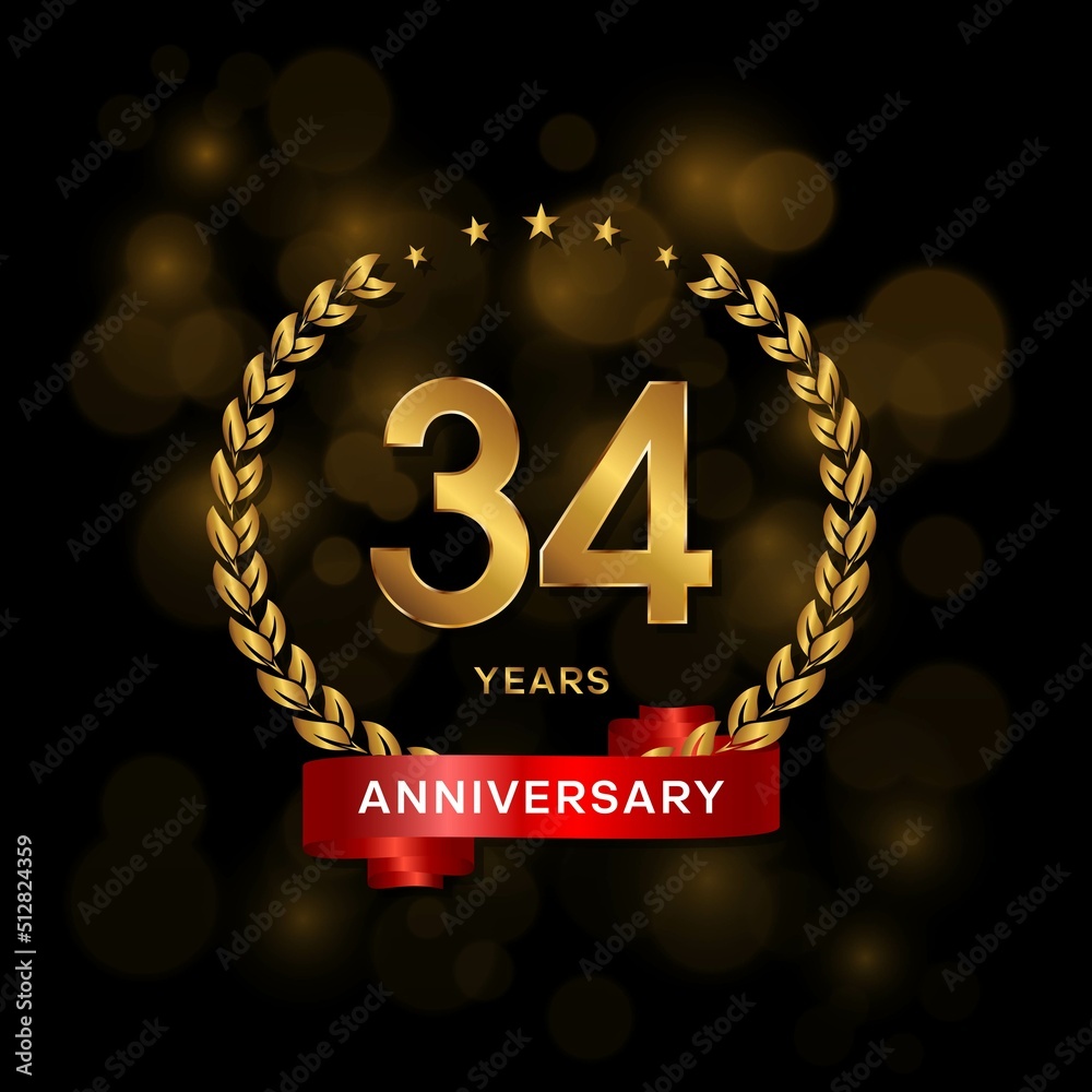34 years anniversary logo with golden laurel and red ribbon for booklet ...