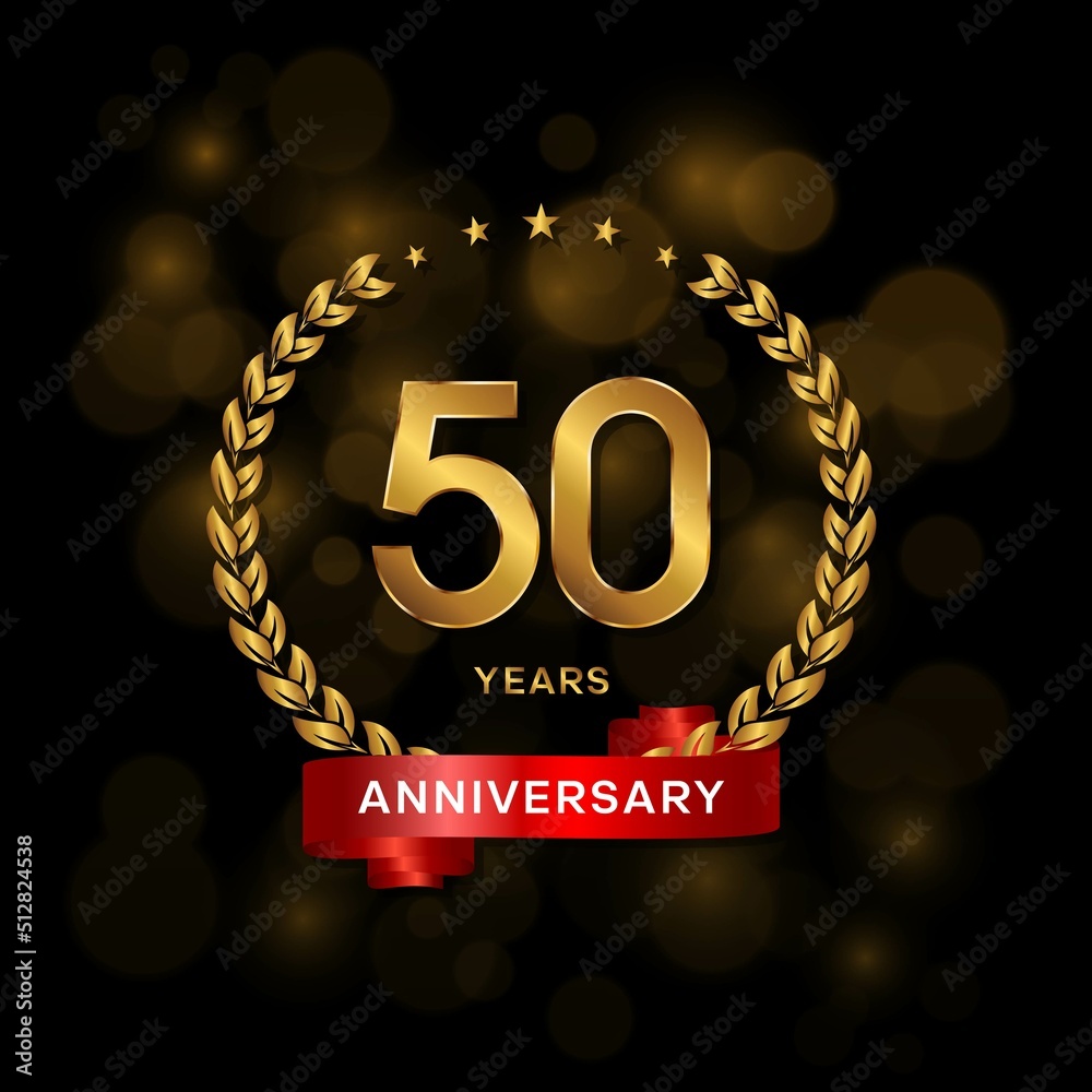 50 years anniversary logo with golden laurel and red ribbon for booklet ...