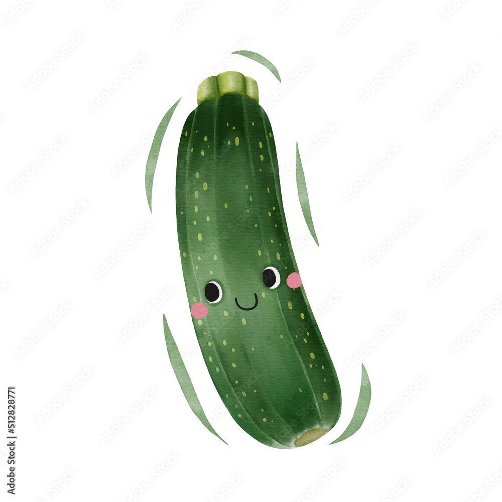 Watercolor cute zucchini cartoon character. Vector illustration. Stock ...