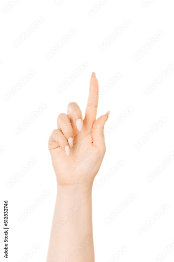 Woman`s hand is counting number 1 or One isolated on white background ...