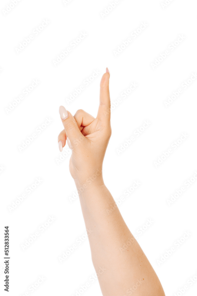 Woman`s hand is counting number 1 or One isolated on white background ...
