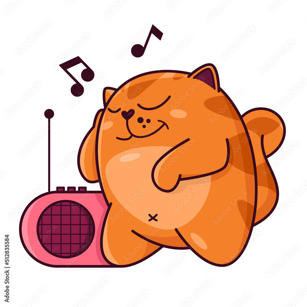Vetor de Cute Red Cat Character with a tape recorder. Listens to music ...