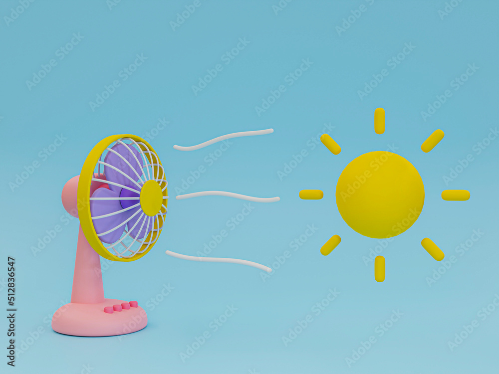 3d minimal cartoon about global warming concept. A funny fan blowing ...
