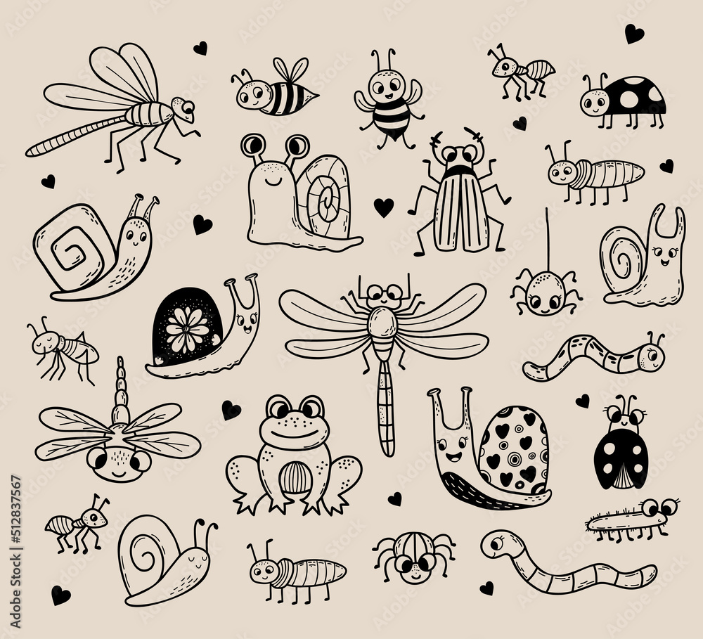 Vector set of cute insect doodles. Linear hand drawing. Funny ...