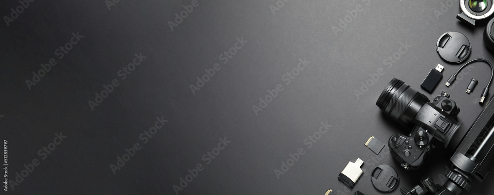 Flat lay composition with camera and video production equipment on ...