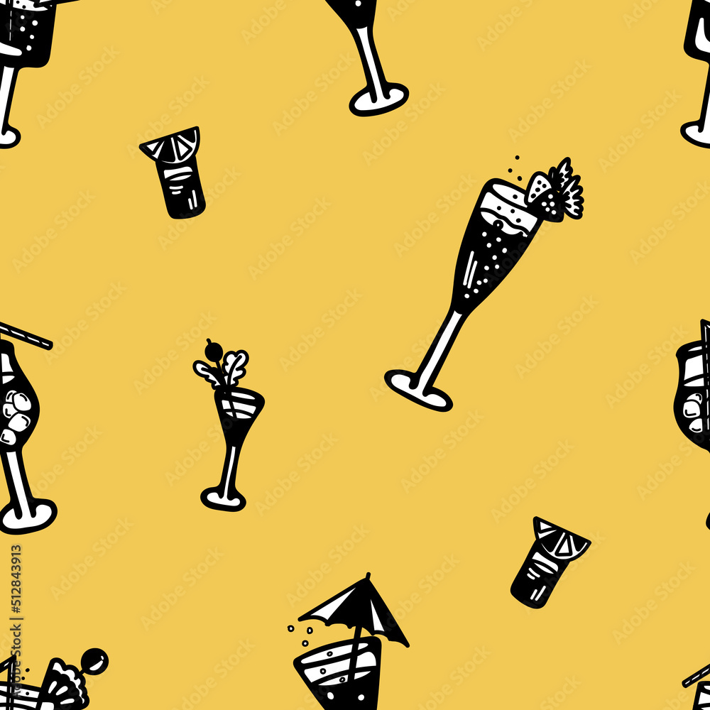 Pattern with black and white cocktails. Drinks with ice, fruits ...