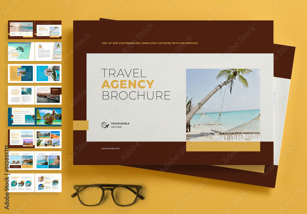 Travel Agency Brochure Layout with Yellow and Blue Accents Stock ...