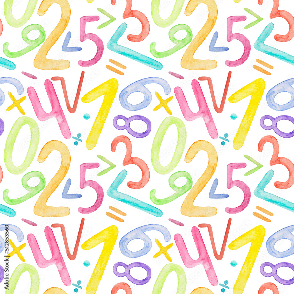 Watercolor pattern with numbers and math symbols. Colorful childish ...