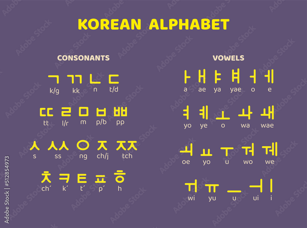 Korean Hangul vector alphabet. Round edges. Purple background. Vowels and consonants. Stock ...