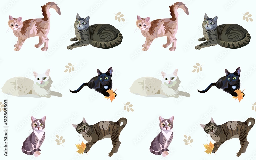 Seamless animal pattern with cats of different breeds isolated on white ...