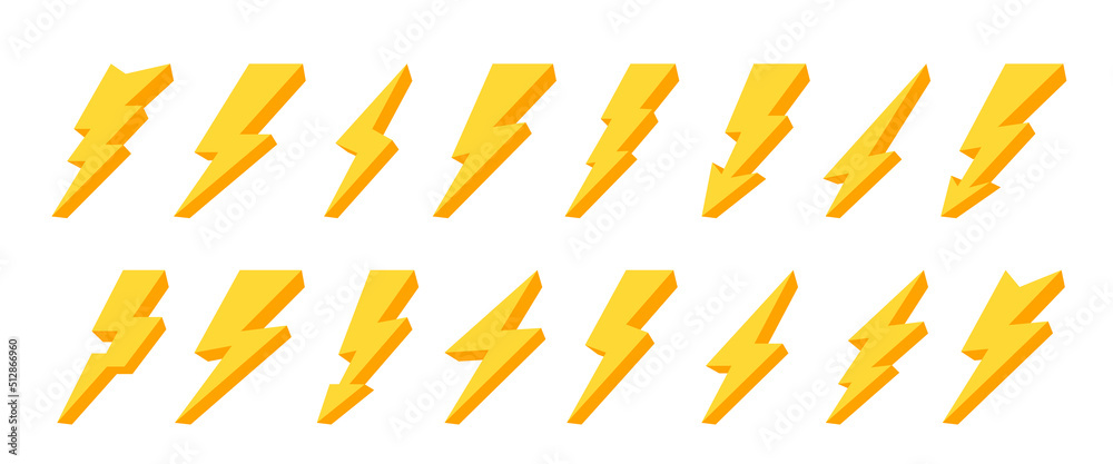 Lightning bolt symbol set. Thunderstorm strike arrow, energy danger ...