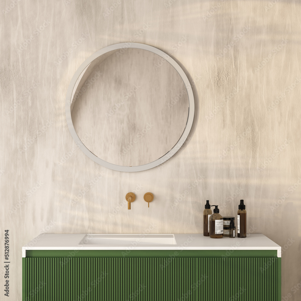 Beautiful empty whiteand green vanity counter with ceramic washbasin ...