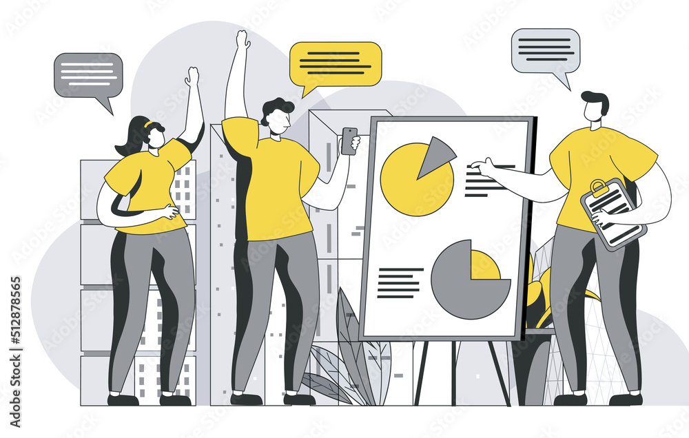 Focus group concept with outline people scene. Colleagues doing market ...