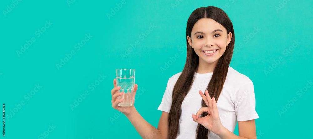 happy teen girl drink glass of water to keep daily water balance show ...