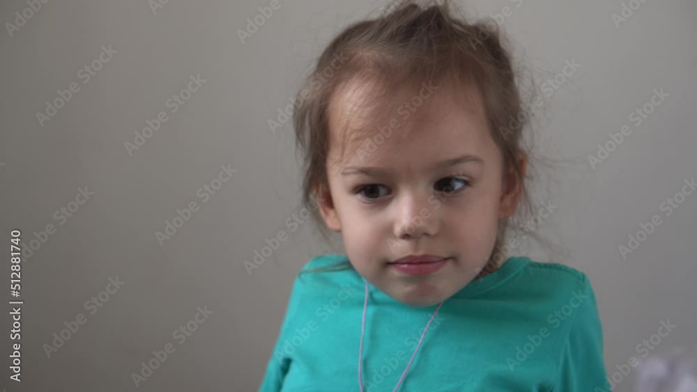 Portrait Funny little preschool girl smiling not combed untidy child ...
