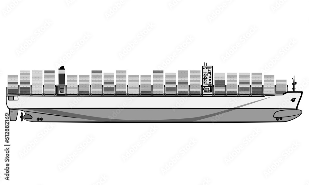 Line art illustration of a cargo ship carrying containers. Modern ...