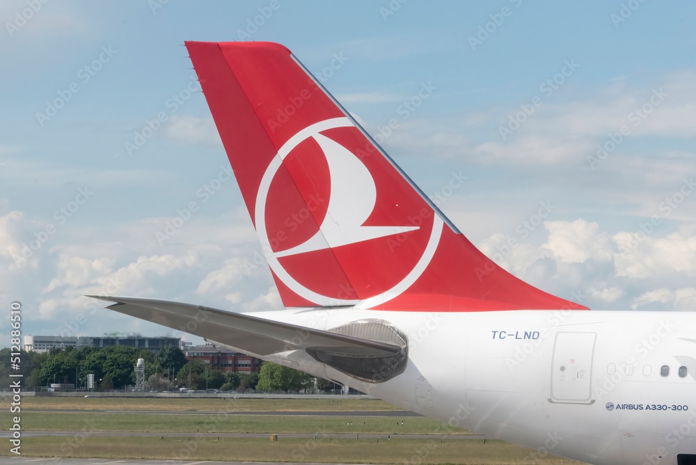 TURKISH AIRLINES logo on a plane's tail fin. Taken at London on May 31 ...