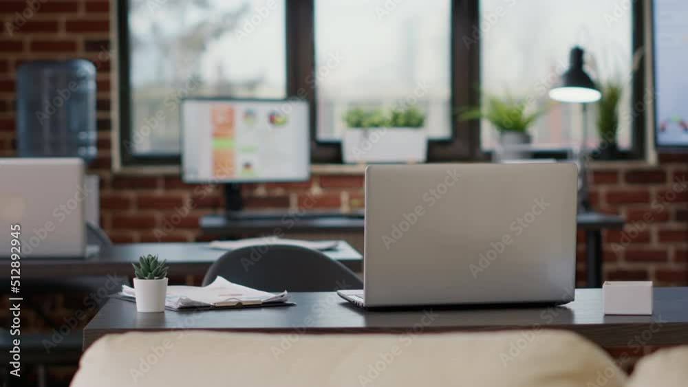 Nobody at office desk with charts documents and laptop, used by company ...