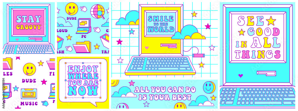 Nostalgia groovy 70's style Illustration. Retro user interface frames ...