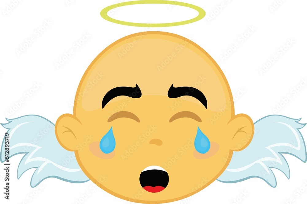 Vector illustration of a cartoon yellow angel face with a sad ...
