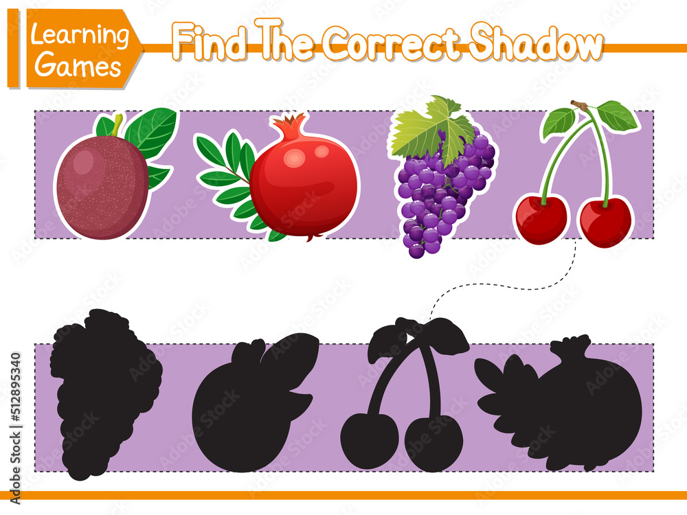 Find the correct shadows of cute cartoon fruits. Kids educational game ...
