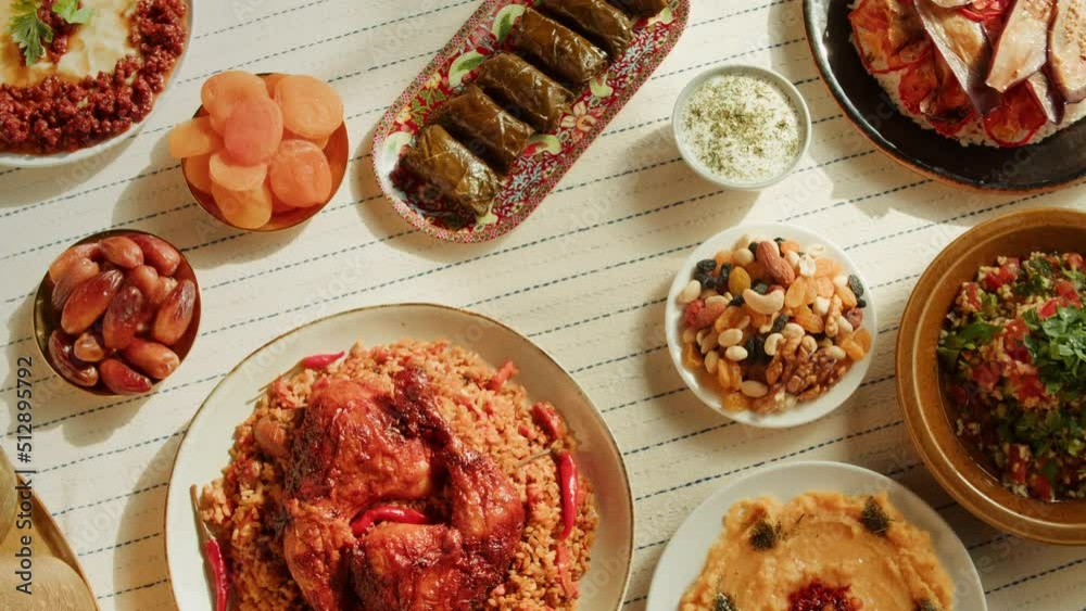 Kabsa, hummus, dolma, maqluba, tabbouleh top view, middle eastern ...
