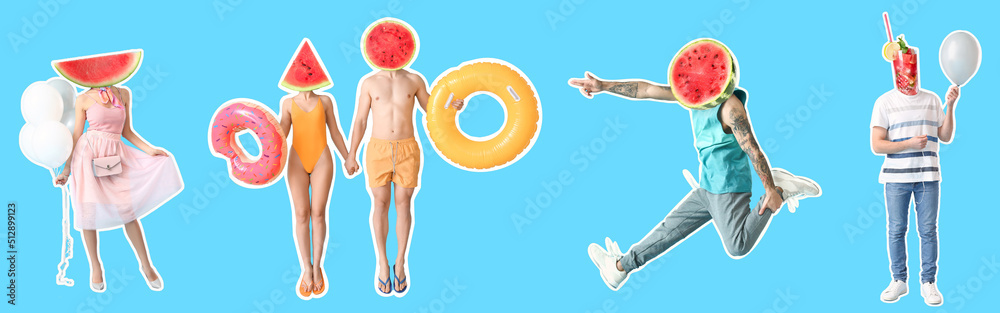 Set of people with watermelons instead of their heads on light blue ...