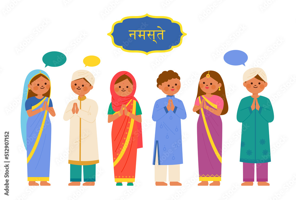 Men and women in various traditional Indian costumes greeting each ...