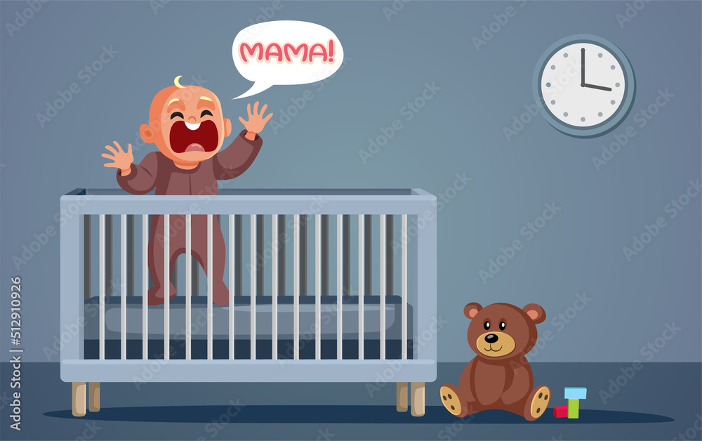Vetor de Baby in Crib Screaming for Mom Vector Cartoon illustration ...